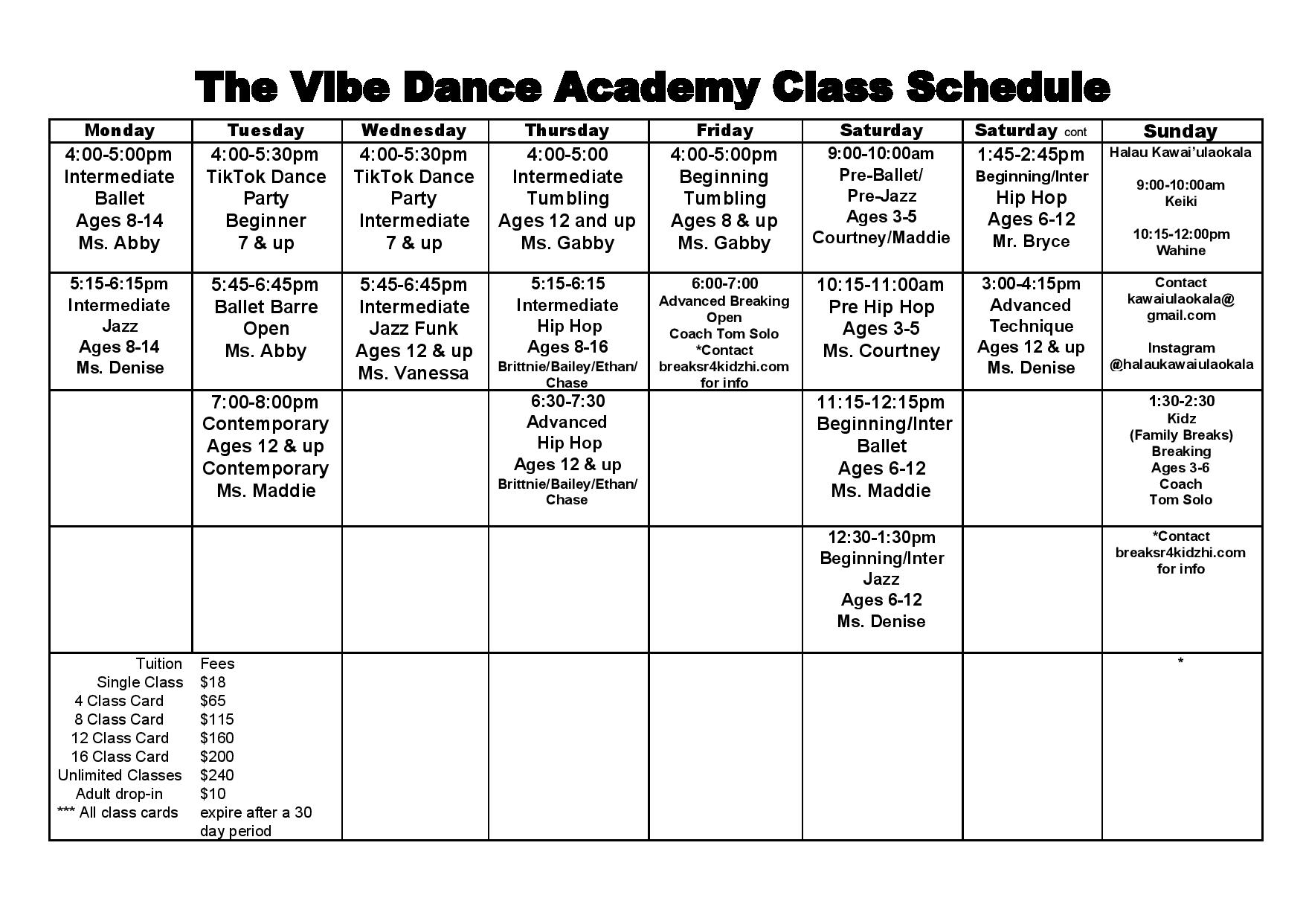 Class Schedule – Vide Dance Academy Hawaii
